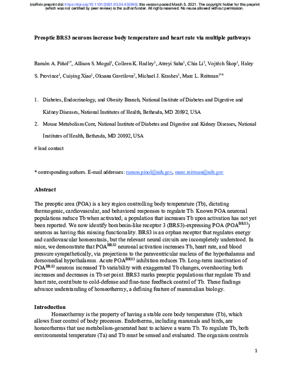 (PDF) Preoptic BRS3 neurons increase body temperature and heart rate ...