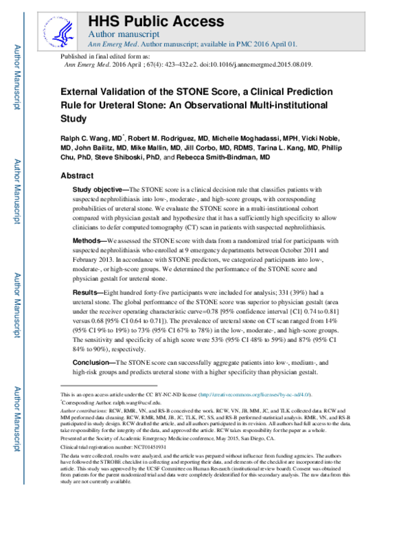 (PDF) External Validation of the STONE Score, a Clinical Prediction ...