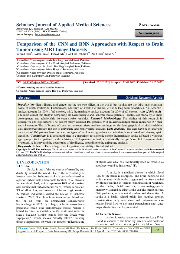 (PDF) Comparison of CNN and RNN for Brain Tumor Analysis