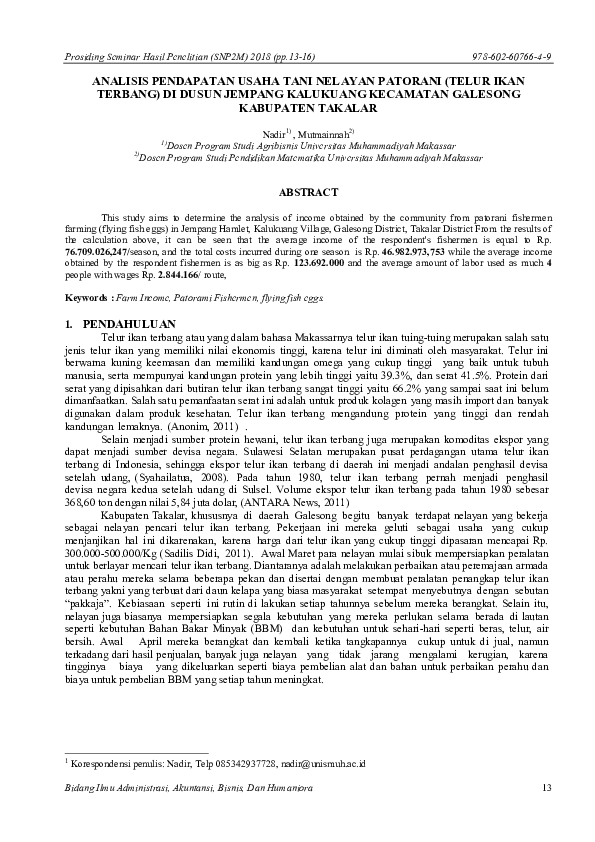 (PDF) Analisis Pendapatan Usaha Tani Nelayan Patorani (Telur Ikan ...