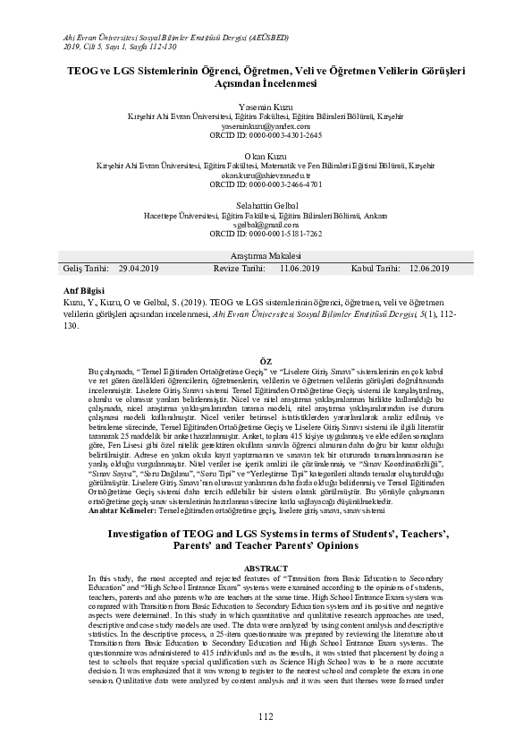 (PDF) TEOG ve LGS Sistemlerinin Öğrenci, Öğretmen ve Veli Görüşleri ...