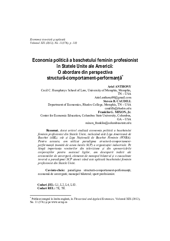 (PDF) Economia politică a baschetului feminin profesionist în Statele ...
