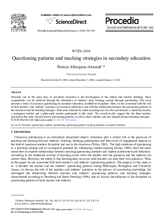 (PDF) Questioning patterns and teaching strategies in secondary education