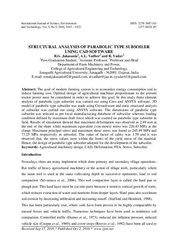 (PDF) Structural Analysis of Parabolic Type Subsoiler Using Cad Software