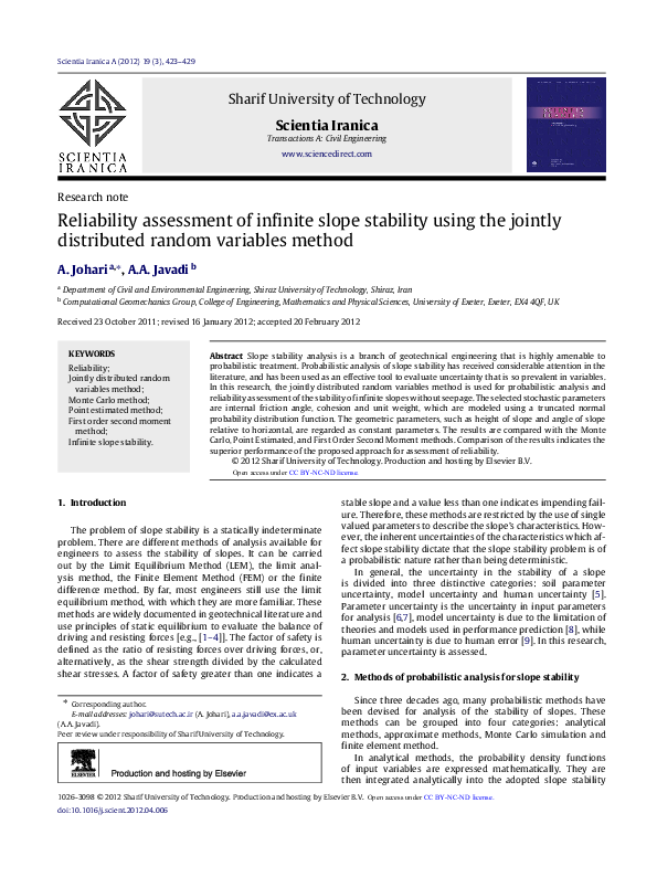 (PDF) Reliability assessment of infinite slope stability using the jointly distributed random ...