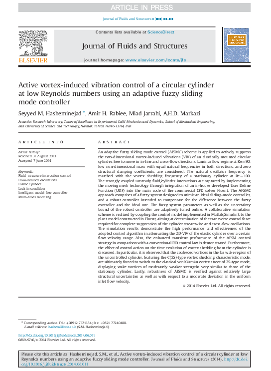 (PDF) Active vortex-induced vibration control of a circular cylinder at low Reynolds numbers ...
