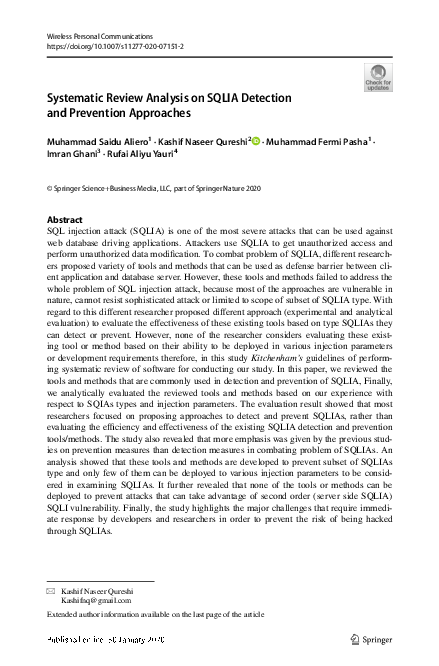 (PDF) Systematic Review Analysis on SQLIA Detection and Prevention Approaches
