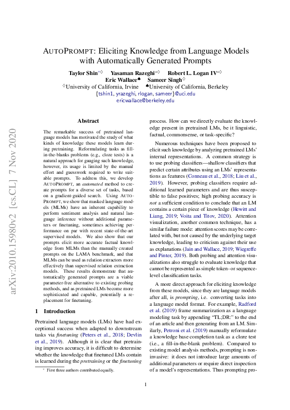 (PDF) AUTOPROMPT: Eliciting Knowledge from Language Models with Automatically Generated Prompts ...