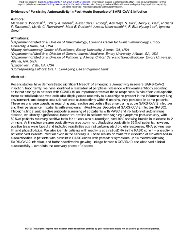 Pdf Evidence Of Persisting Autoreactivity In Post Acute Sequelae Of