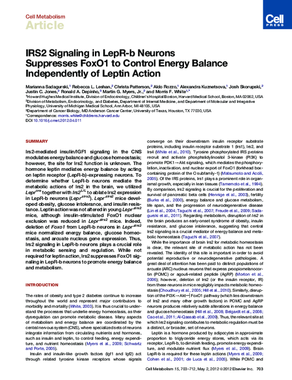 (PDF) IRS2 Signaling in LepR-b Neurons Suppresses FoxO1 to Control ...