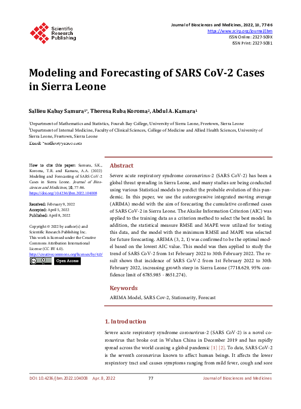 (PDF) Modeling and Forecasting of SARS CoV-2 Cases in Sierra Leone