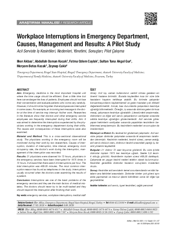 (PDF) Workplace Interruptions in Emergency Department, Causes ...
