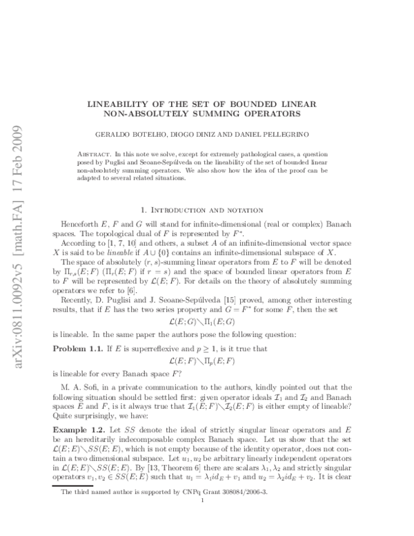 (PDF) Lineability of the set of bounded linear non-absolutely summing operators | Diogo Diniz ...