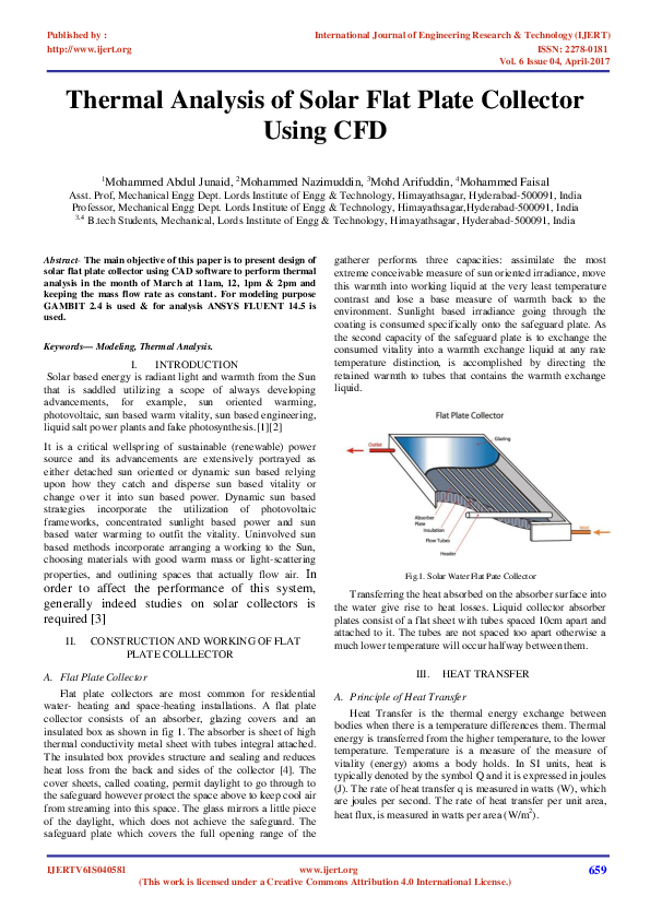 (PDF) Thermal Analysis of Solar Flat Plate Collector Using CFD