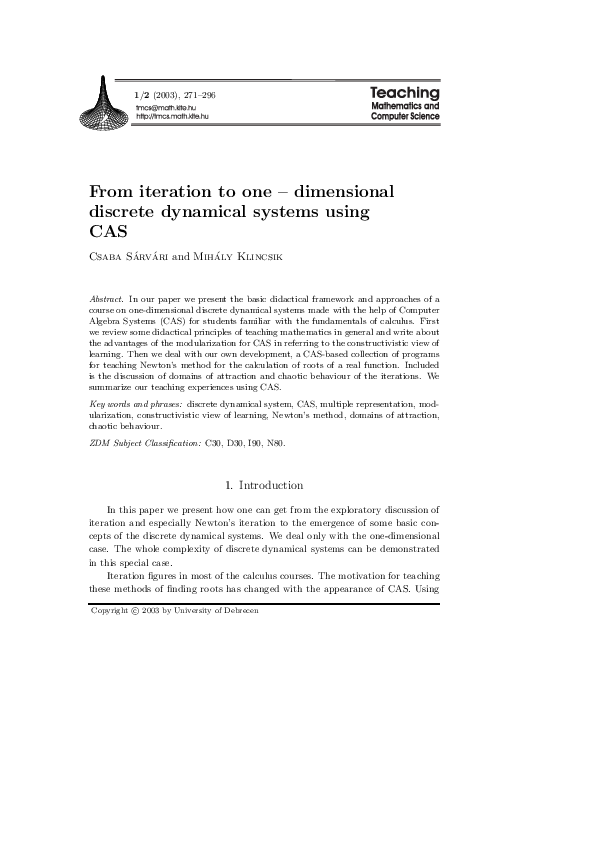 Pdf From Iteration To One Dimensional Discrete Dynamical Systems Using Cas