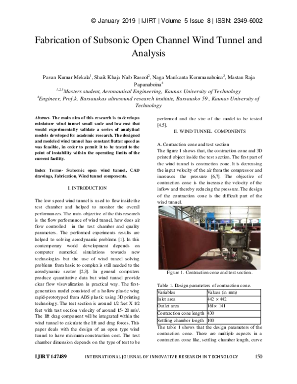 (PDF) Fabrication of Subsonic Open Channel Wind Tunnel and Analysis