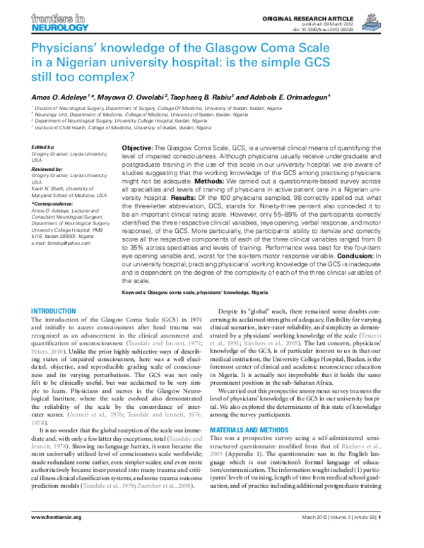 (PDF) Physicians’ Knowledge of the Glasgow Coma Scale in a Nigerian ...