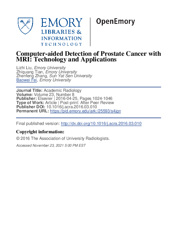 Pdf Computer Aided Detection Of Prostate Cancer With Mri Technology And Applications