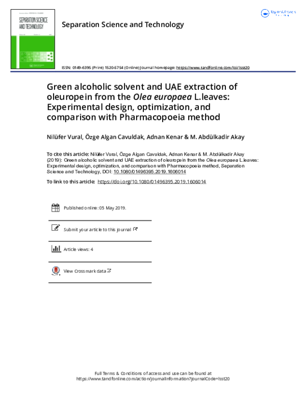 (PDF) Green alcoholic solvent and UAE extraction of oleuropein from the Olea europaea L.leaves ...