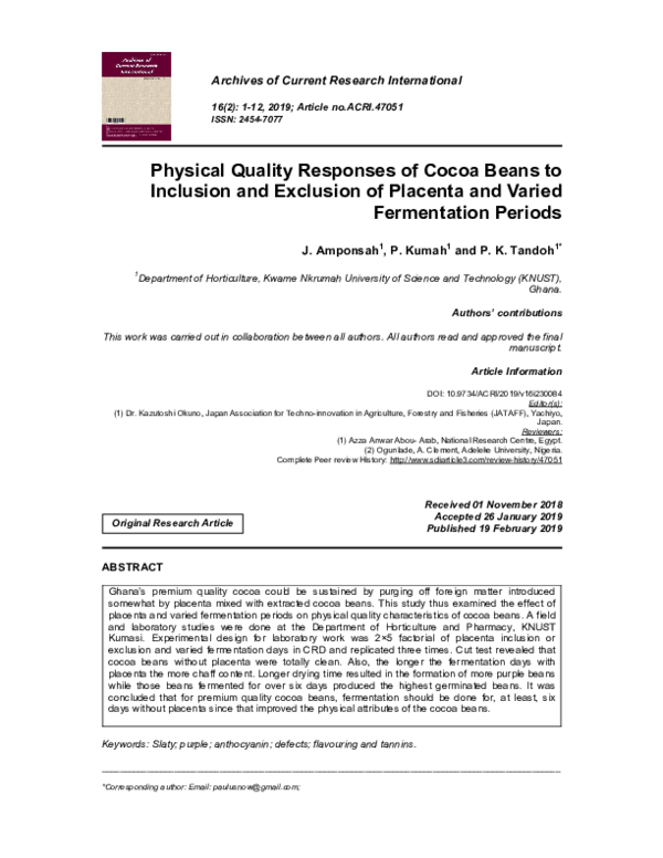 (PDF) Physical Quality Responses of Cocoa Beans to Inclusion and ...