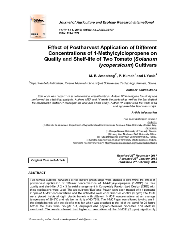 (PDF) Effect of Postharvest Application of Different Concentrations of 1-Methylcylclopropene on ...