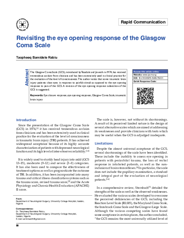 (PDF) Revisiting the eye opening response of the Glasgow Coma Scale