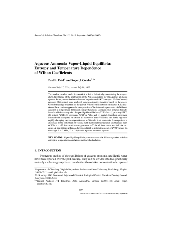 (PDF) Aqueous Ammonia Vapor-Liquid Equilibria– Entropy and Temperature ...