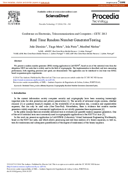 (PDF) Real Time Random Number GeneratorTesting