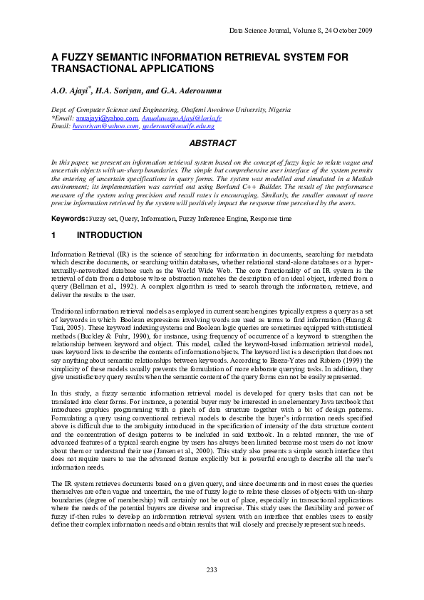Pdf A Fuzzy Semantic Information Retrieval System For Transactional
