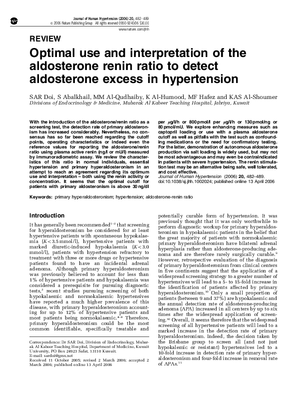 (PDF) Optimal use and interpretation of the aldosterone renin ratio to detect aldosterone excess ...