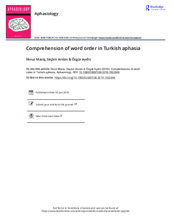(PDF) Comprehension of word order in Turkish aphasia