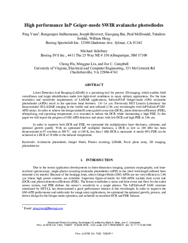 (PDF) High-performance InP Geiger-mode SWIR avalanche photodiodes
