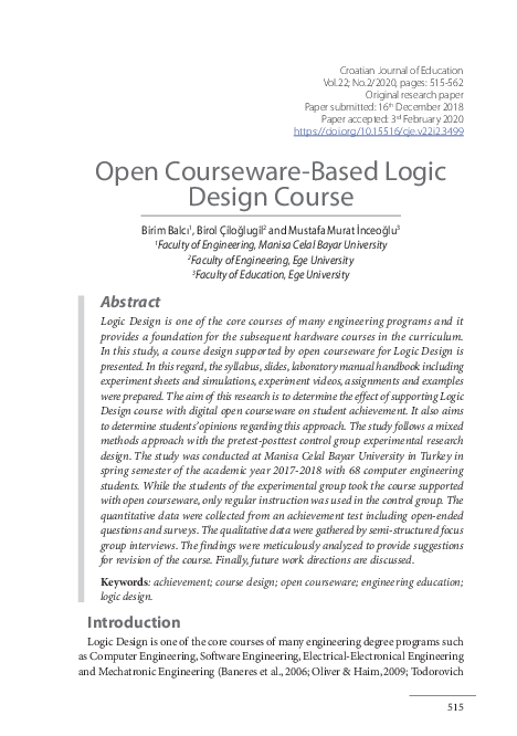 (PDF) Open Courseware-Based Logic Design Course | Birim Balcı ...