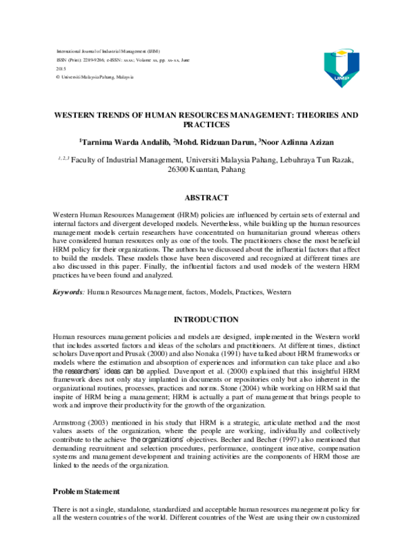 (PDF) Western Trends of Human Resources Management: Theories and Practices