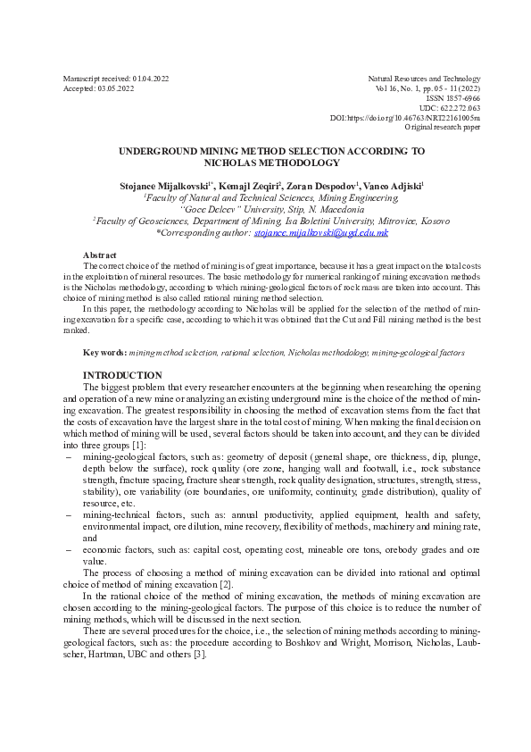 (PDF) UNDERGROUND MINING METHOD SELECTION ACCORDING TO NICHOLAS METHODOLOGY (PDF) UNDERGROUND MINING METHOD SELECTION ACCORDING TO NICHOLAS METHODOLOGY