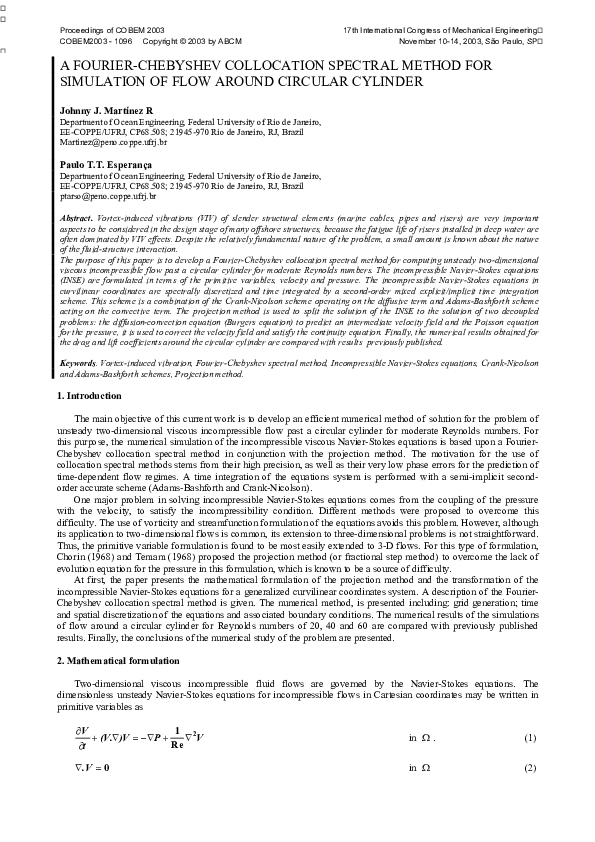 Pdf A Fourier Chebyshev Collocation Spectral Method For Simulation Of Flow Around Circular