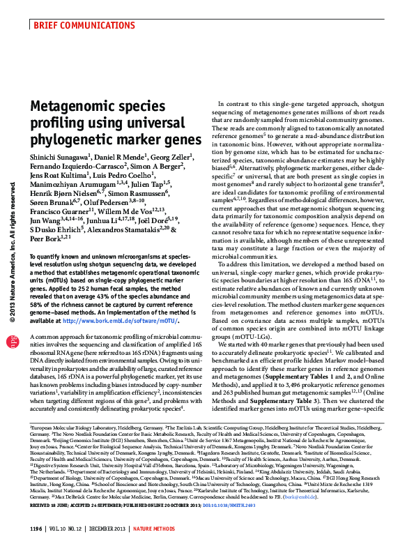 (PDF) Metagenomic species profiling using universal phylogenetic marker genes
