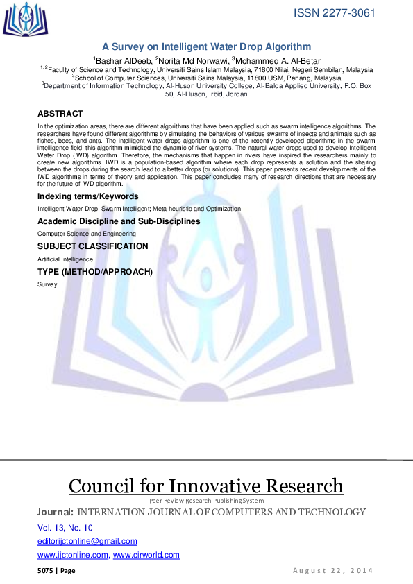 Pdf A Survey On Intelligent Water Drop Algorithm Norita Md Norwawi