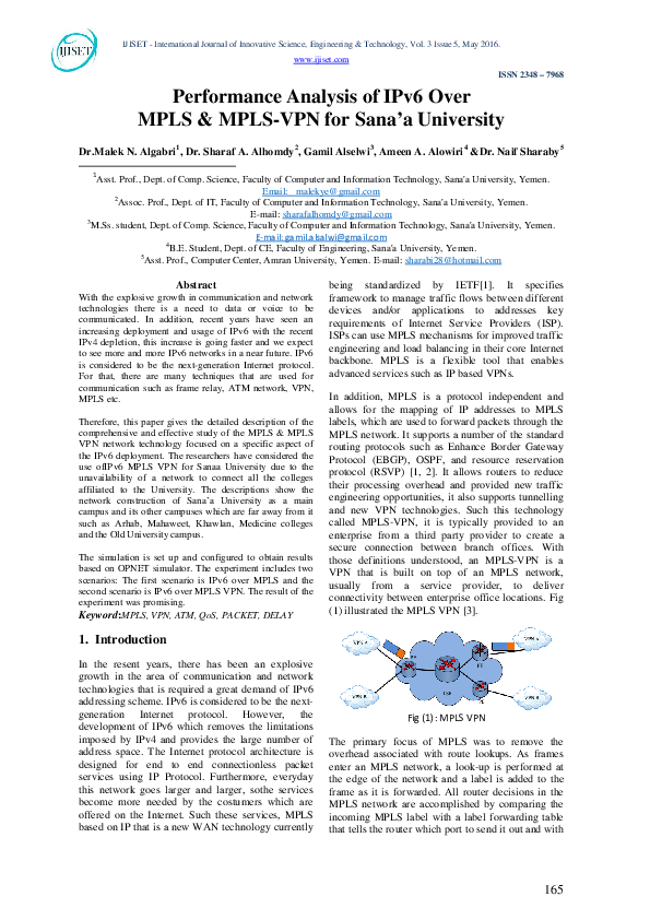 (PDF) Performance Analysis of IPv 6 Over MPLS & MPLS-VPN for Sana ’ a University