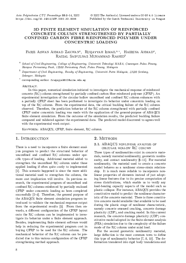 (PDF) 3D Finite Element Simulation of Reinforced Concrete Column Strengthened by Partially ...