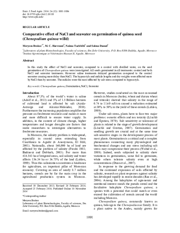 (PDF) Comparative effect of NaCl and seawater on germination of quinoa seed (Chenopodium quinoa ...