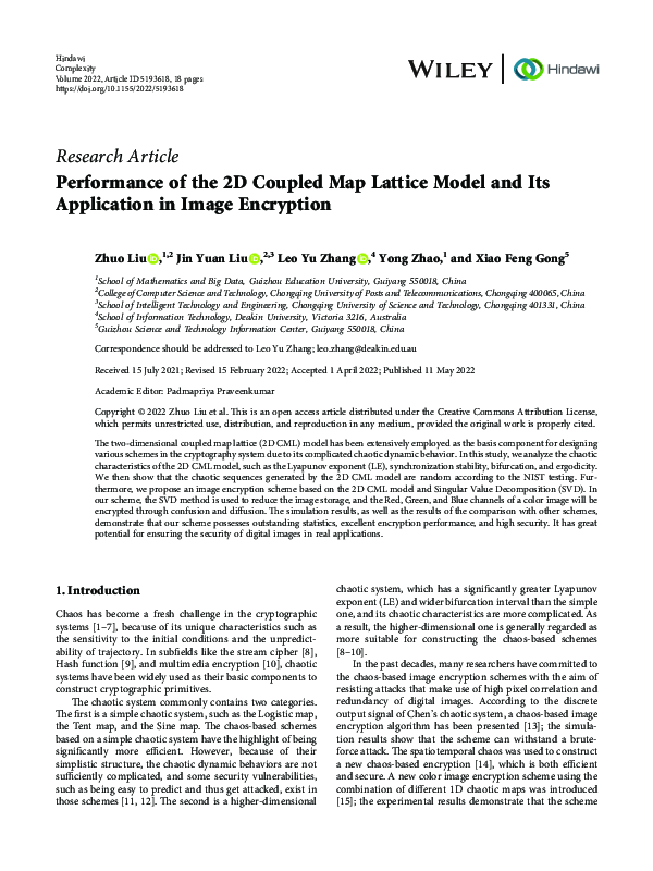 Pdf Performance Of The 2d Coupled Map Lattice Model And Its Application In Image Encryption