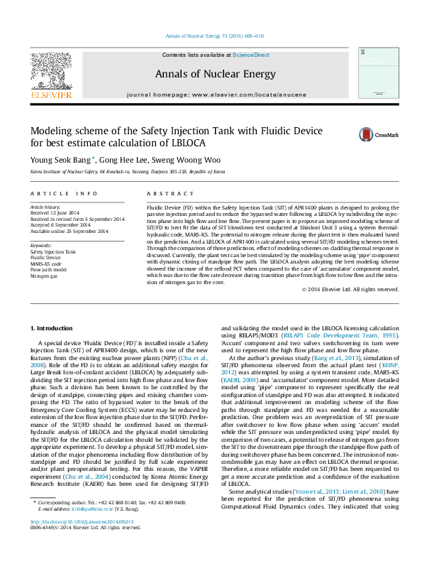 (PDF) Modeling scheme of the Safety Injection Tank with Fluidic Device ...