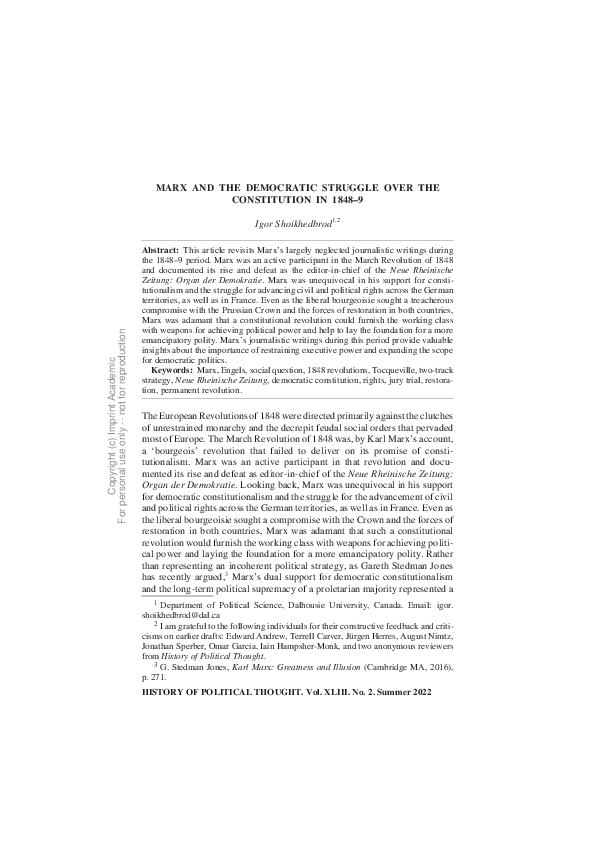 (PDF) MARX AND THE DEMOCRATIC STRUGGLE OVER THE CONSTITUTION IN 1848-9