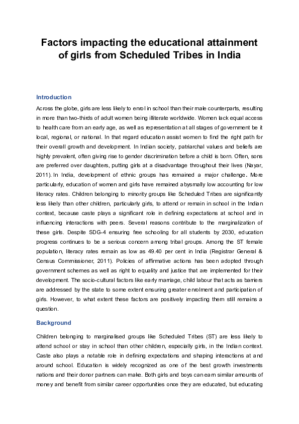 (DOC) Factors impacting the educational attainment of girls from Scheduled Tribes in India ...