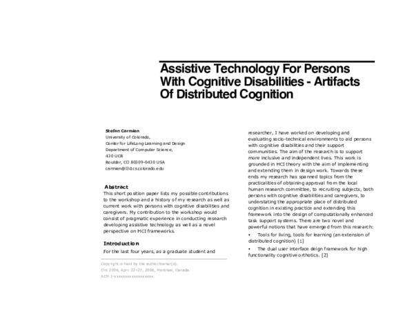 (PDF) Assistive Technology For Persons With Cognitive Disabilities-Artifacts Of Distributed ...