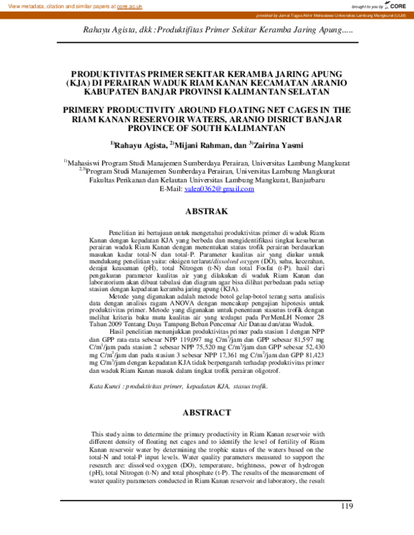 (PDF) Produktivitas Primer Sekitar Keramba Jaring Apung Kja DI Perairan ...