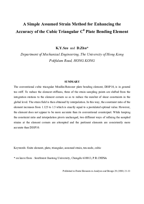 (PDF) A simple assumed strain method for enhancing the accuracy of the cubic triangular C0 plate ...