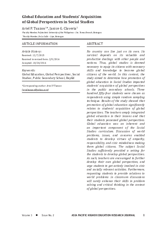 (PDF) Global Education and Studentsâ€™ Acquisition of Global ...