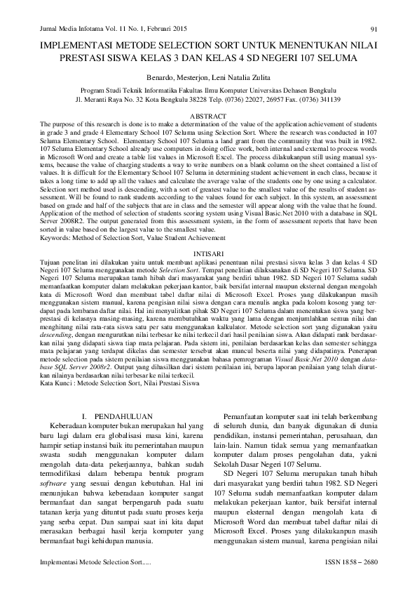 (PDF) Implementasi Metode Selection Sort Untuk Menentukan Nilai ...